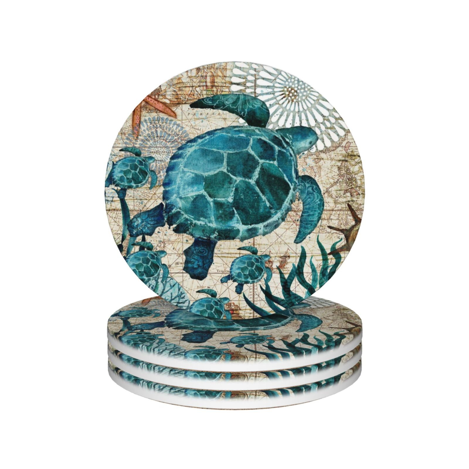 Set of 4 Sea Ocean Turtle Absorbent Ceramic Drink Coasters,Round Table ...