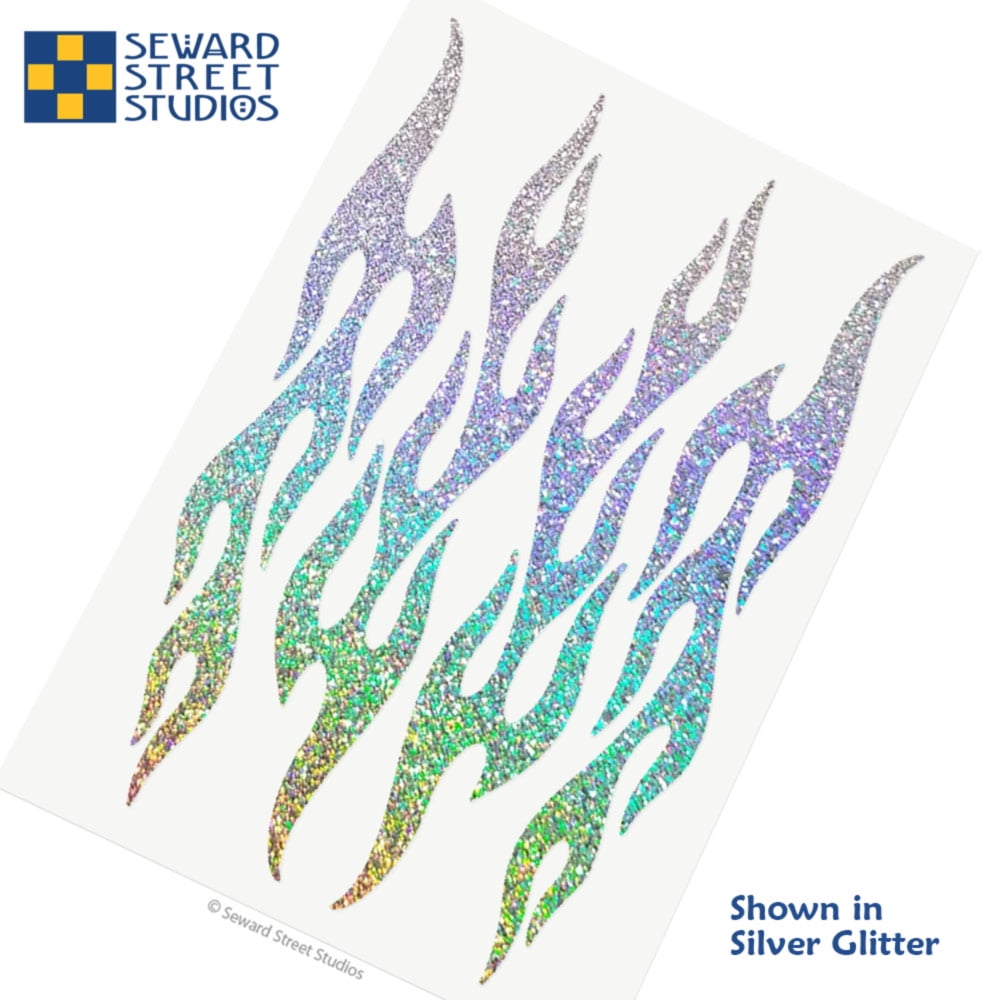Set of 4 Silver Flames Glitter Decals, Flame Bike Helmet Stickers Sheet ...