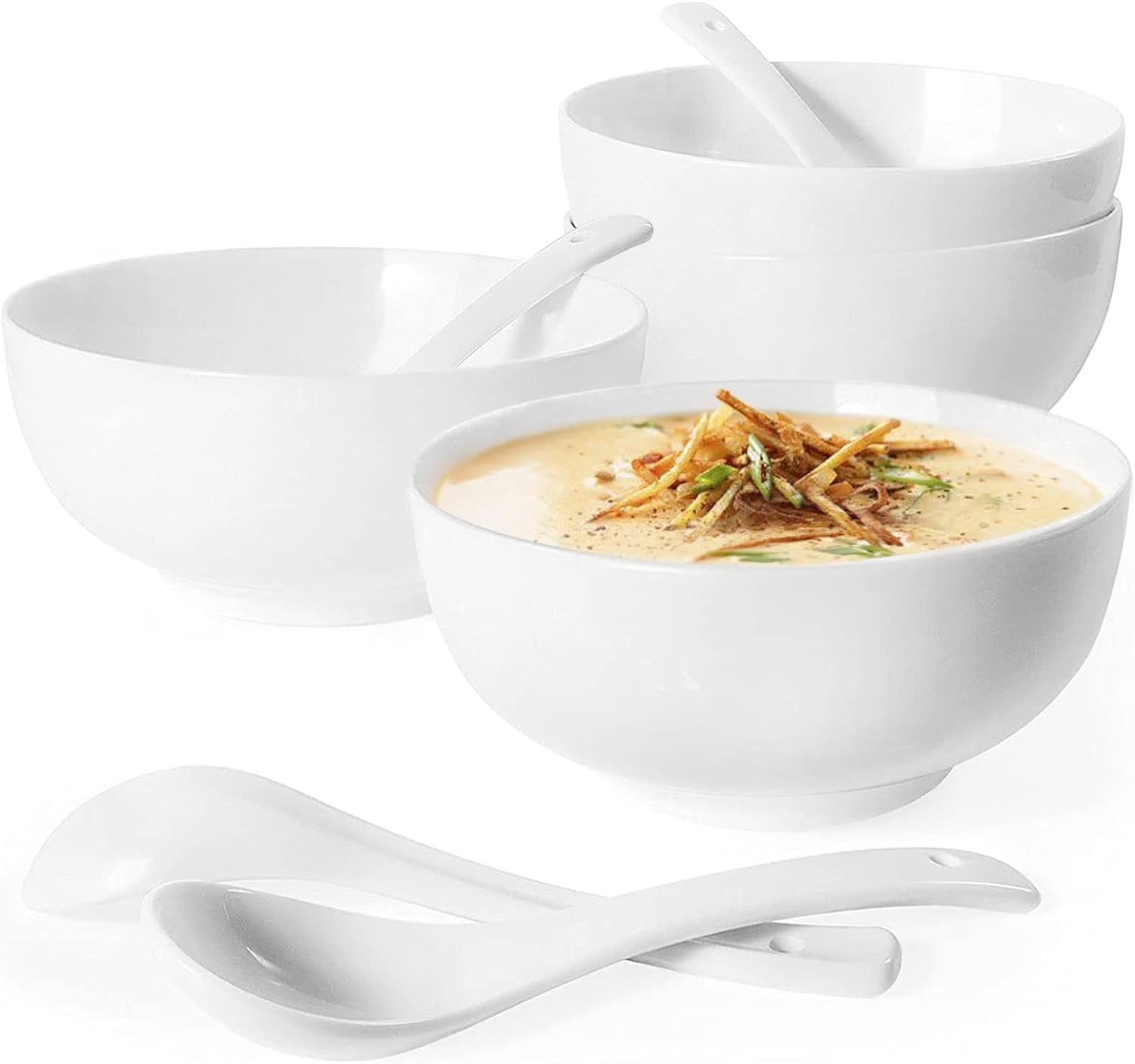 Set of 4 Soup and Cereal Bowls with Spoons, 26 OZ Ceramic Ramen and Pho ...