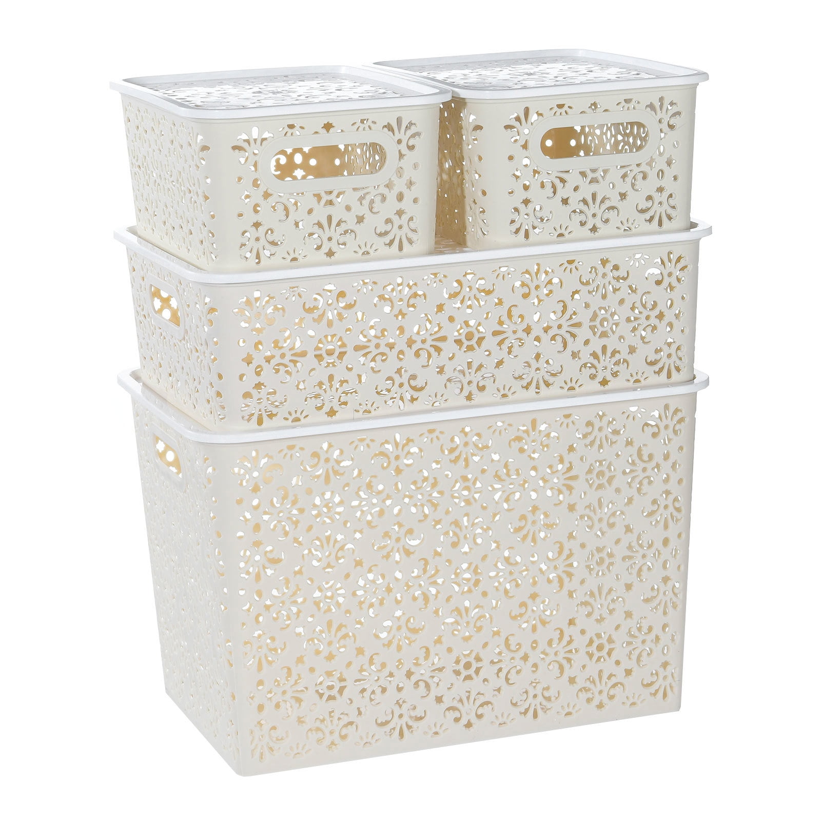 ANMINY Stackable Lace-Design Plastic Storage Bins with Lids, Beige, 4 ...
