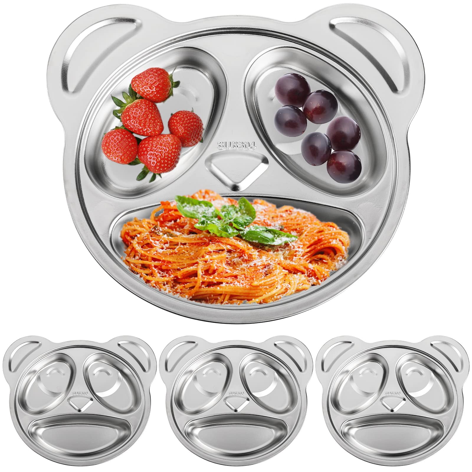 Set of 4 Stainless Steel Divided Plates, 3 Sections Unbreakable Dinner ...