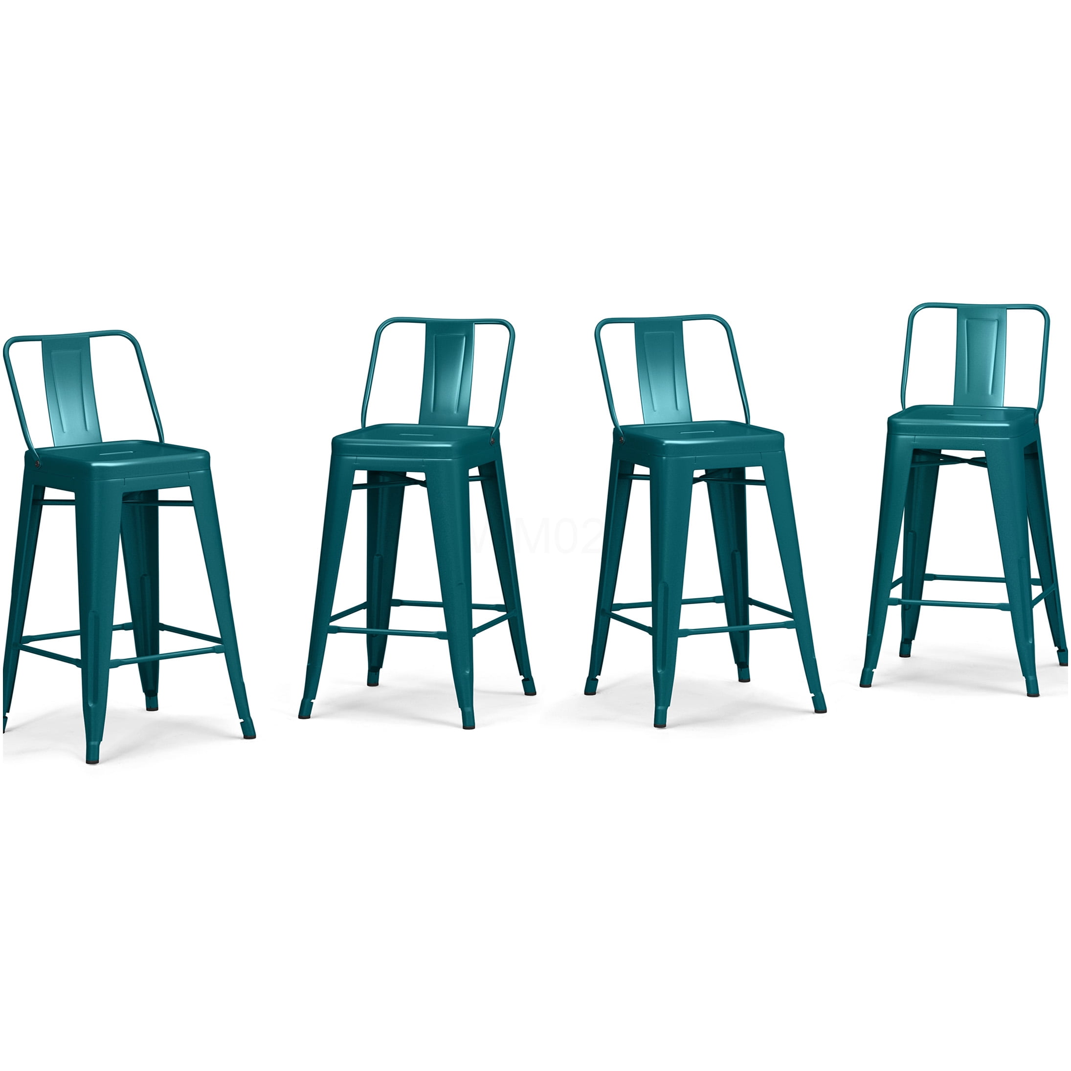 Set of 4 Teal Blue Metal Counter Height Bar Stools with Footrest & Back ...