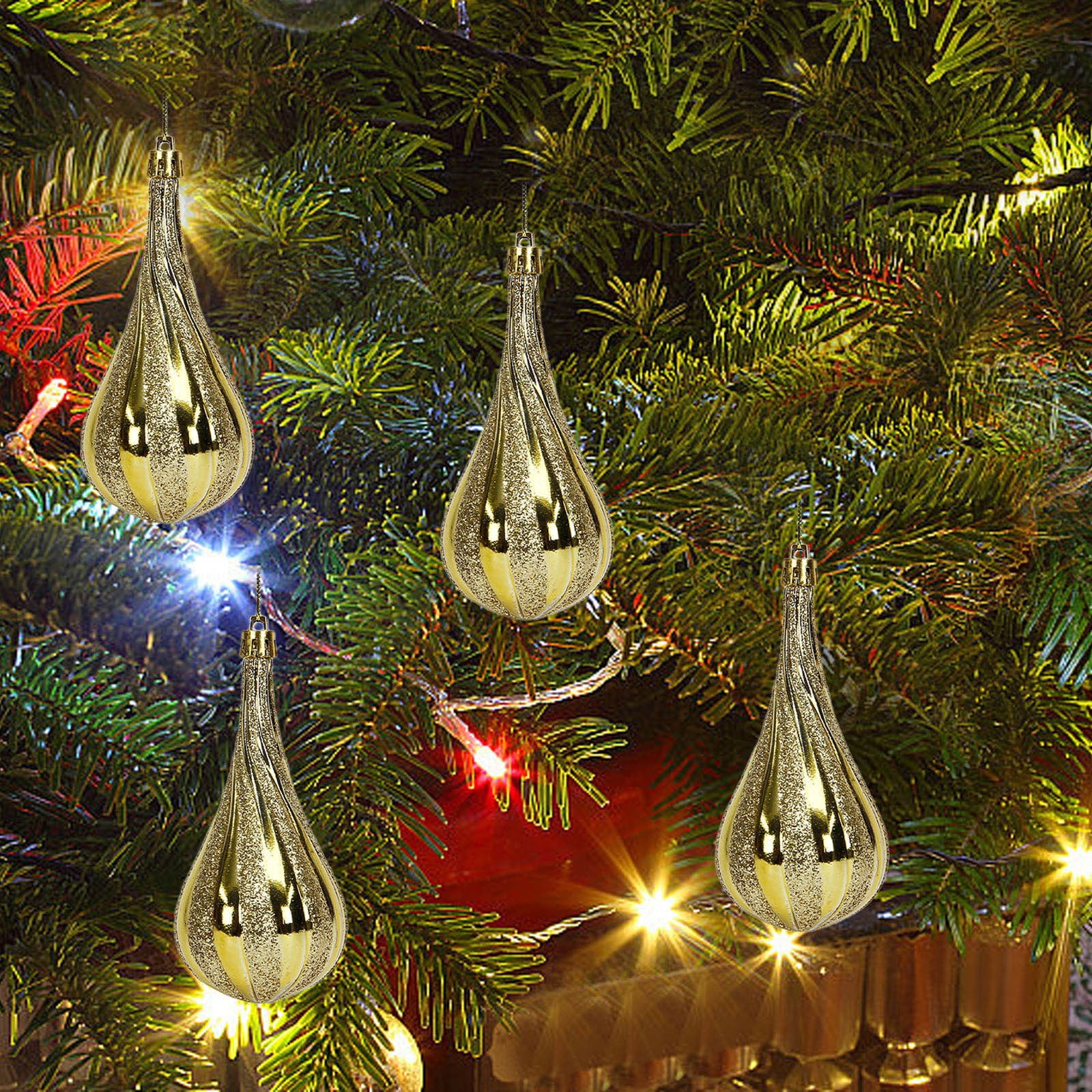 Set of 4 Teardrop Christmas Tree Ornaments, Electroplated Droplet Balls ...