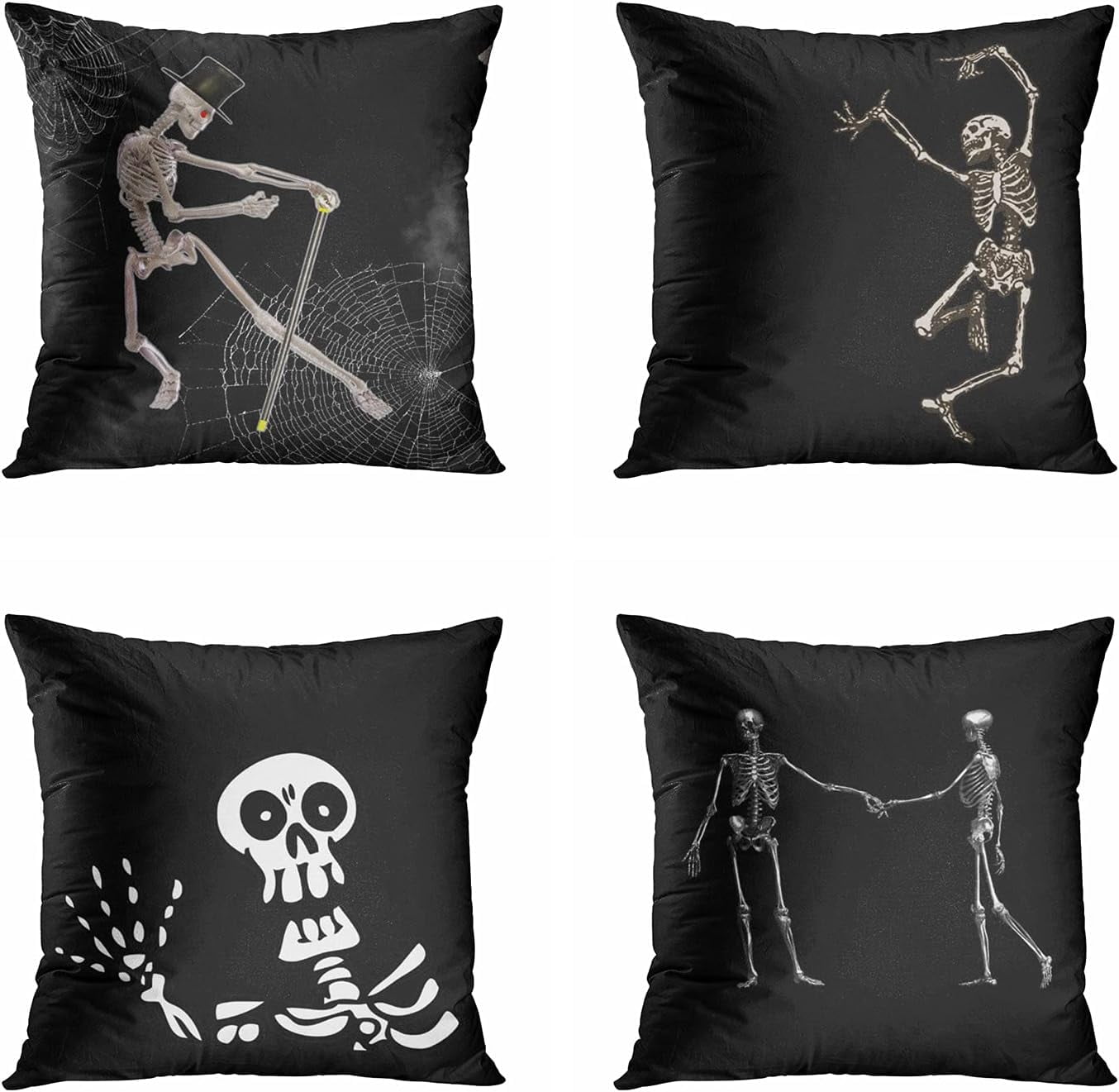 Set of 4 Throw Pillow Covers 18x18 Inch Halloween Dancing Skeleton Home ...