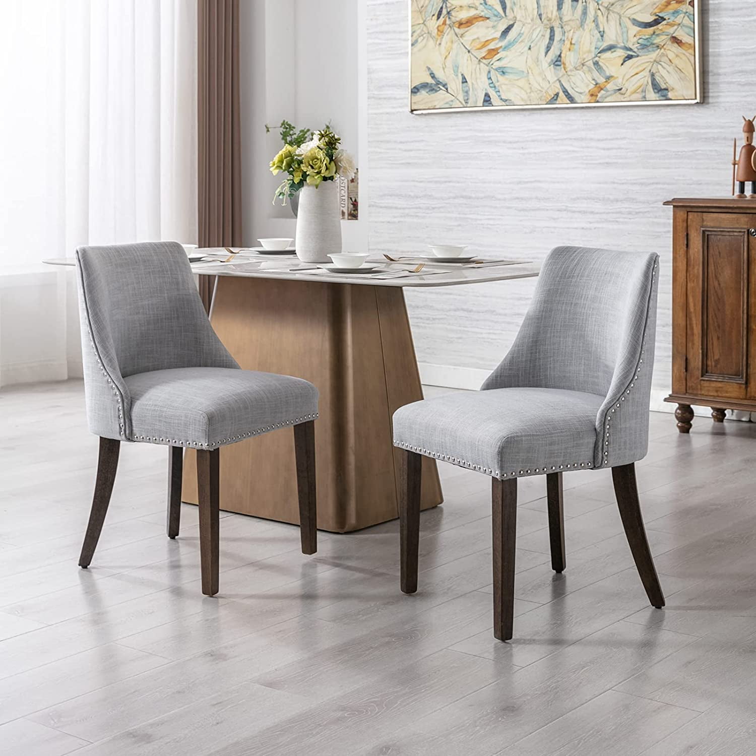 Set of 4 Upholstered Linen Dining Chairs with Nailhead Trim & Solid ...
