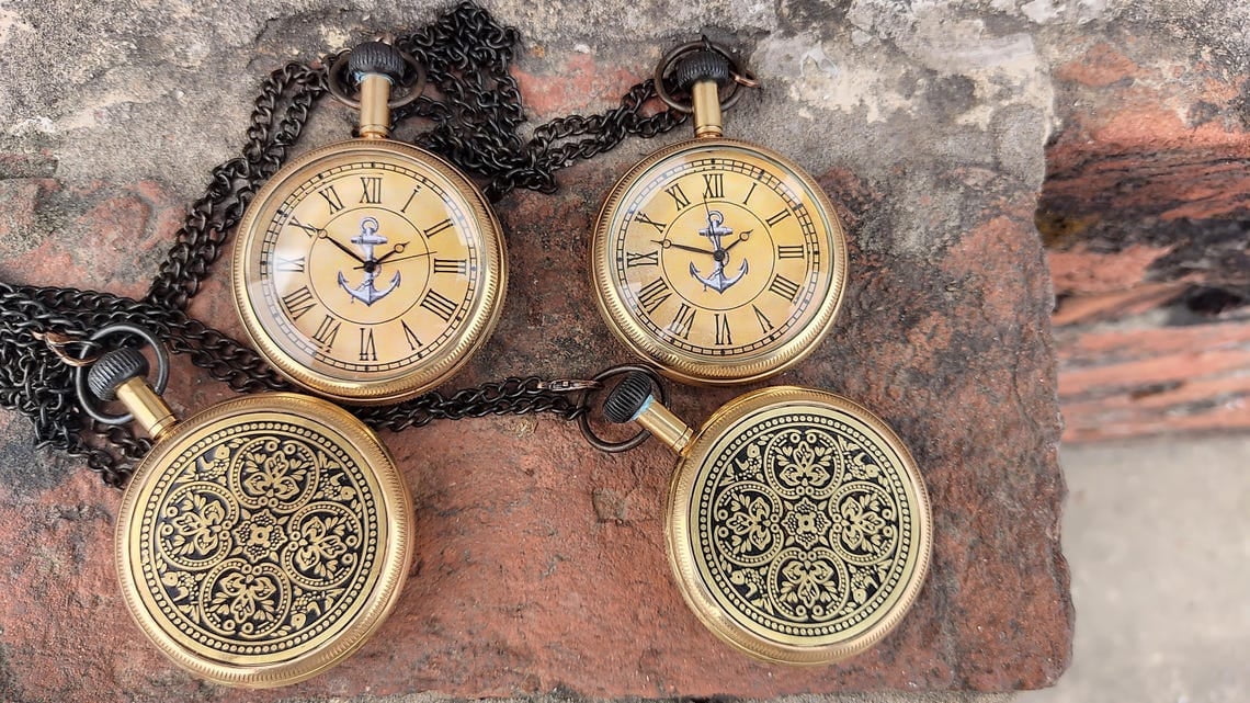 Set of 4 Vintage Anchor Pocket Watches with Chain – Roman Numerals Dial ...