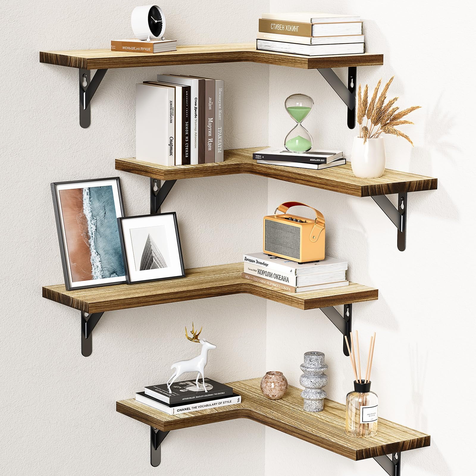 Decorative Wooden Set of 4 Wall Mounted Corner Shelves for Storage ...
