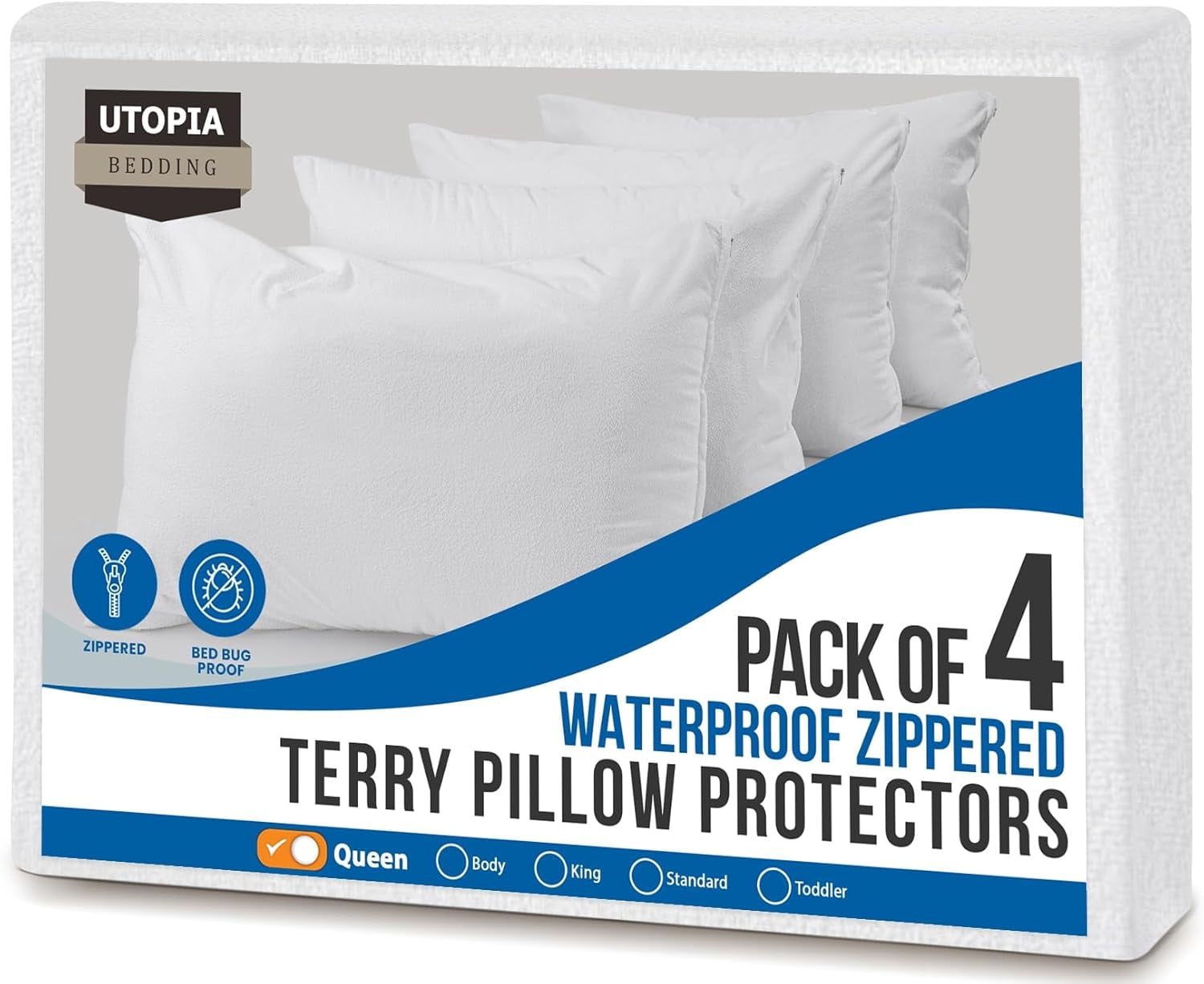 Set of 4 Waterproof Pillow Protectors with Zipper Queen Size, Terry ...