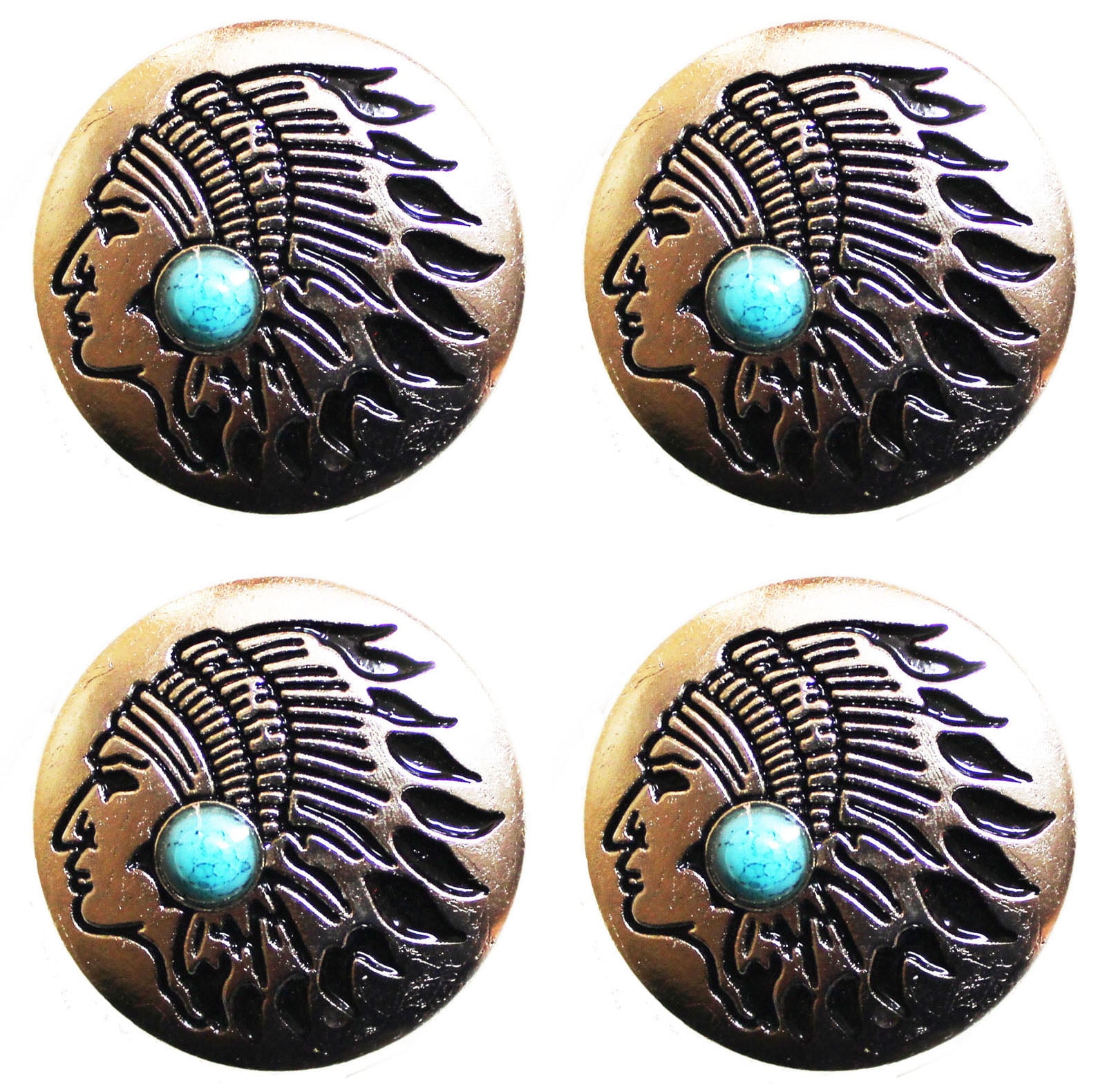 Set of 4 Western Saddle Tack Conchos w/ Engraved Chief Head Turquoise ...