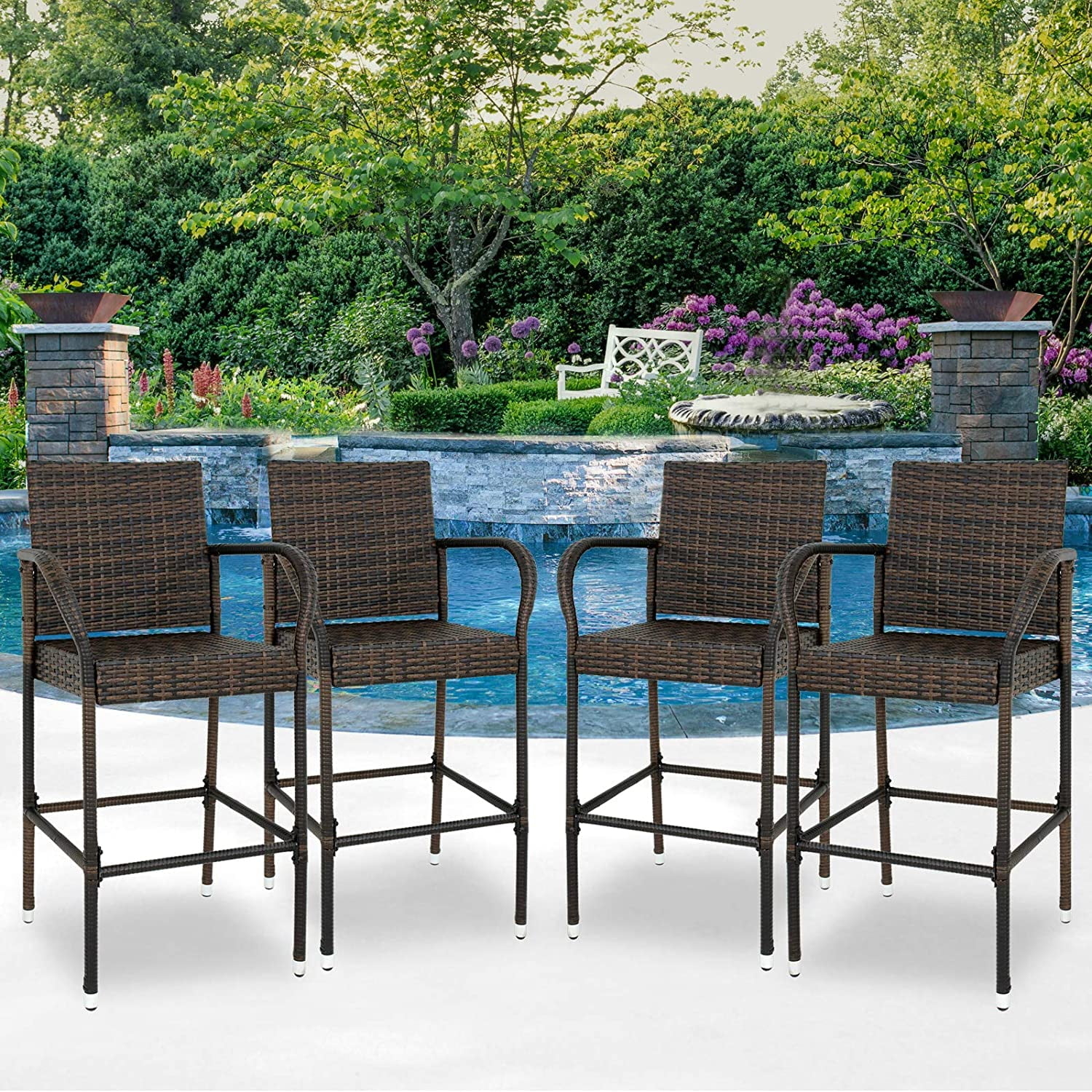 Set of 4 Wicker Bar Stool All Weather Outdoor Backyard Rattan Chair ...