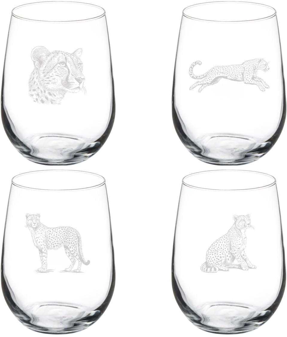 Set of 4 Wine Glass Gift Cheetah Leopard Collection (17 oz Stemless ...