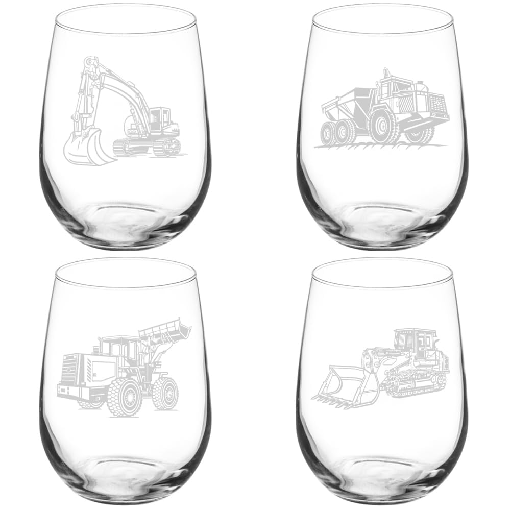 Set of 4 Wine Glass Gift Construction Mining Vehicles Excavator Loader ...