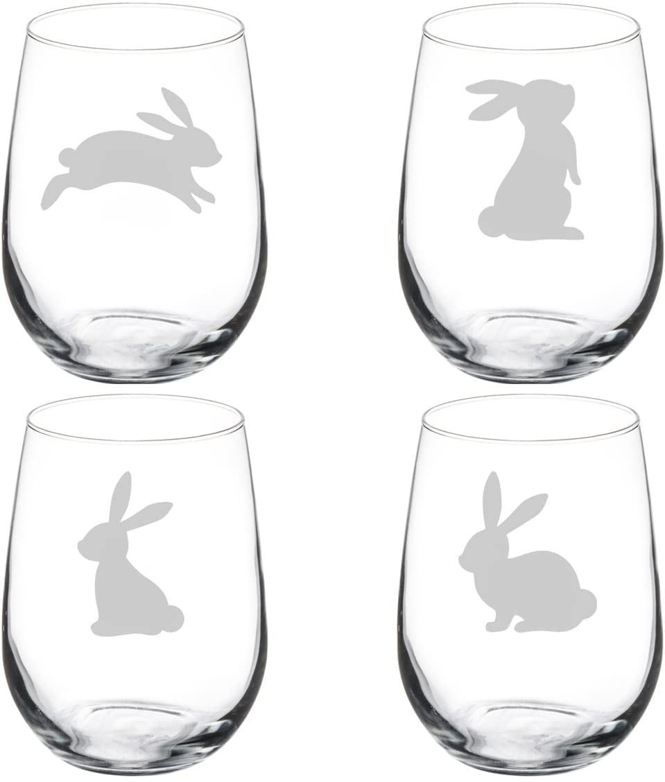 Set of 4 Wine Glass Gift Goblet Bunny Rabbit Collection (17 oz Stemless ...