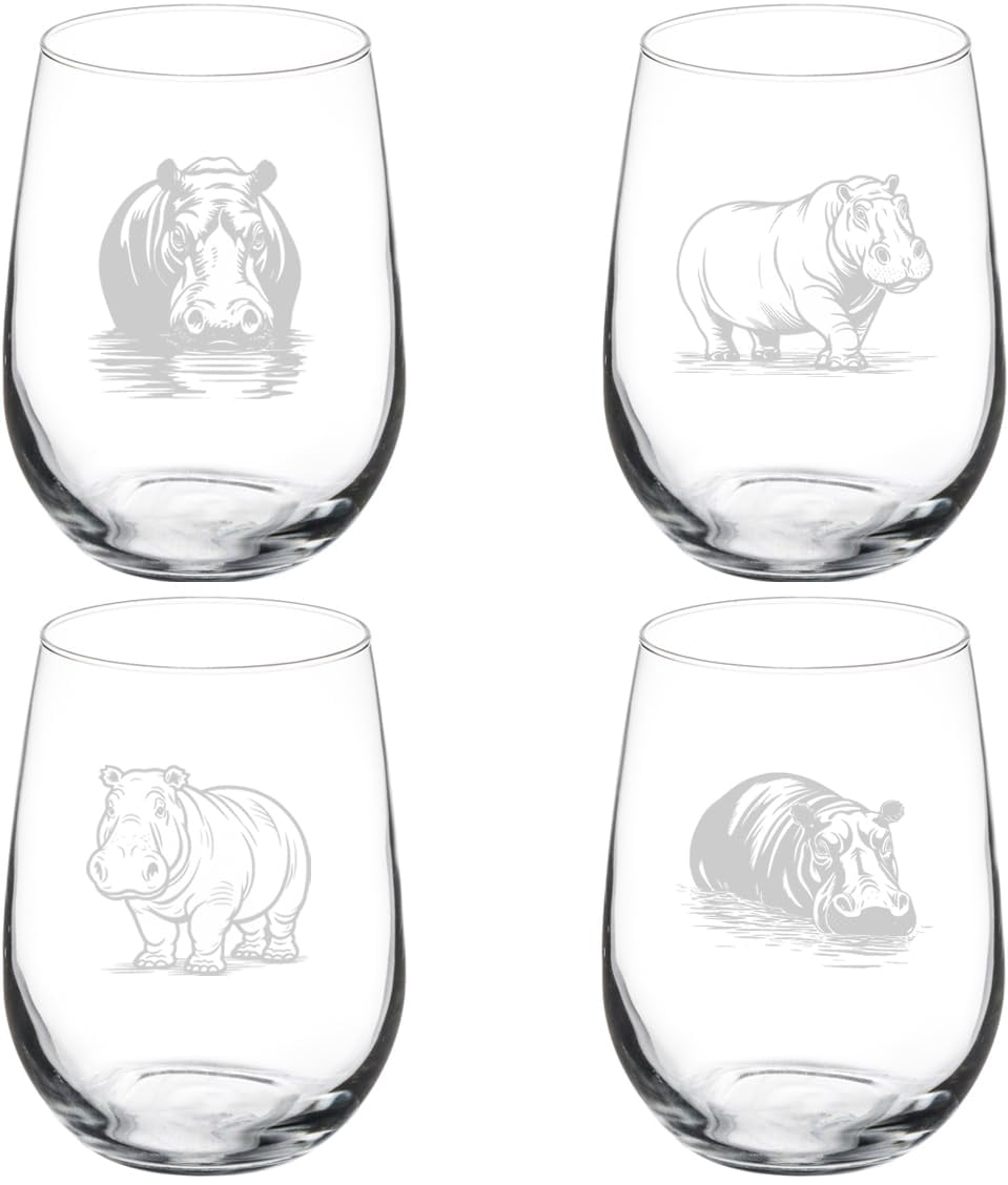 Set of 4 Wine Glass Gift Hippo Hippopotamus Collection (17 oz Stemless ...