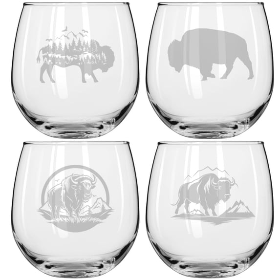 Set of 4 Wine Glass for Red or White Wine Gift Buffalo Bison Collection ...