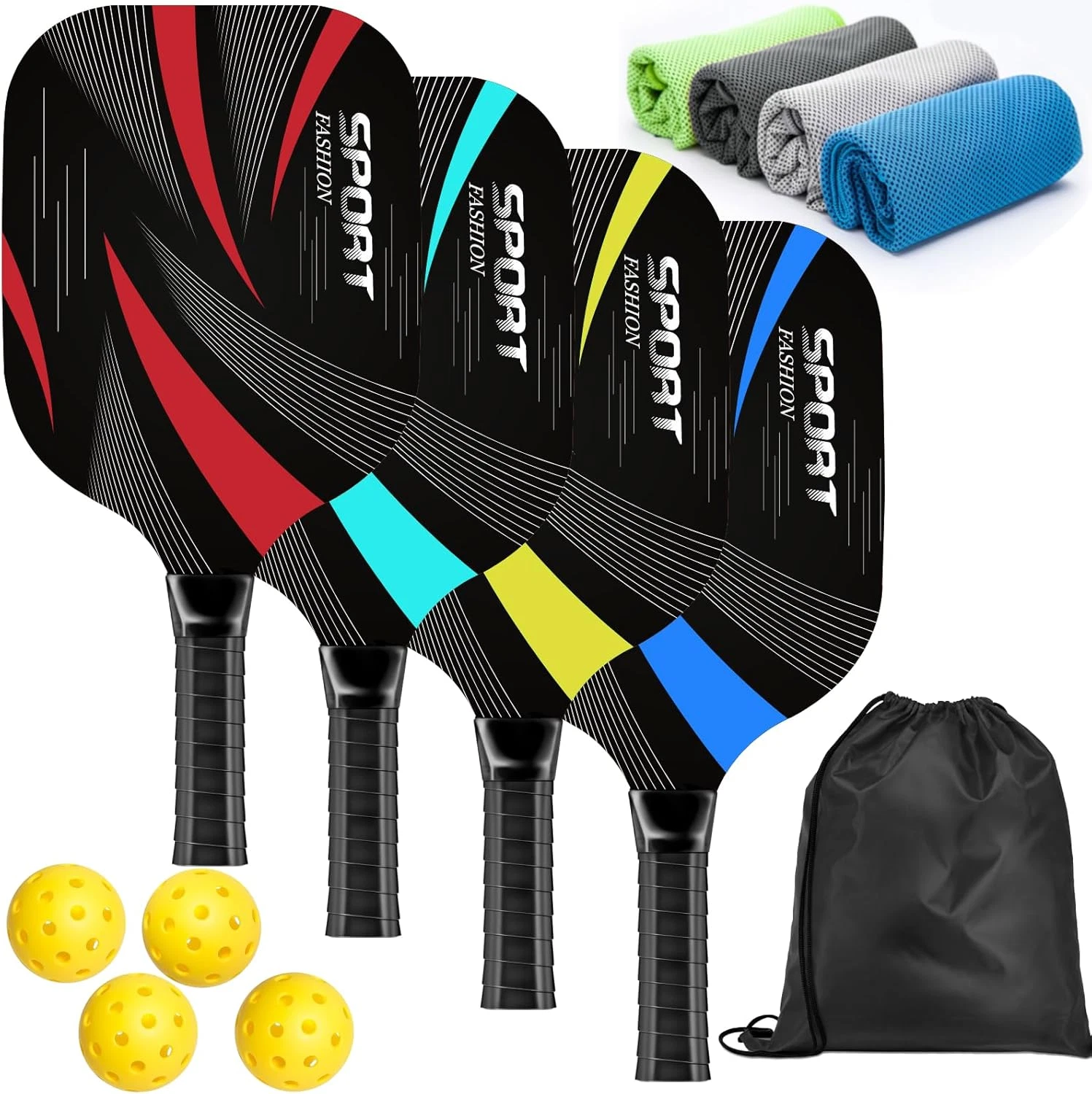 Set of 4 Wooden Pickleball Paddles with 4 Pickleball Balls & Carry Bag ...