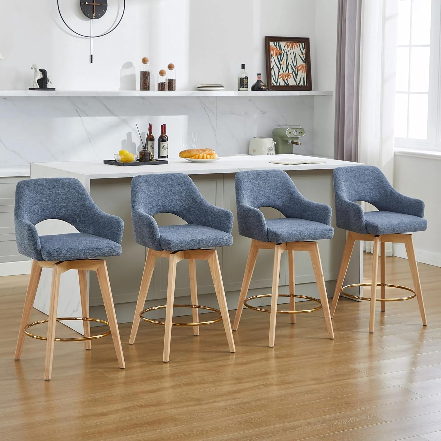 Set of 4 Wooden Swivel Bar Stools with Ergonomic Back, Soft Linen ...