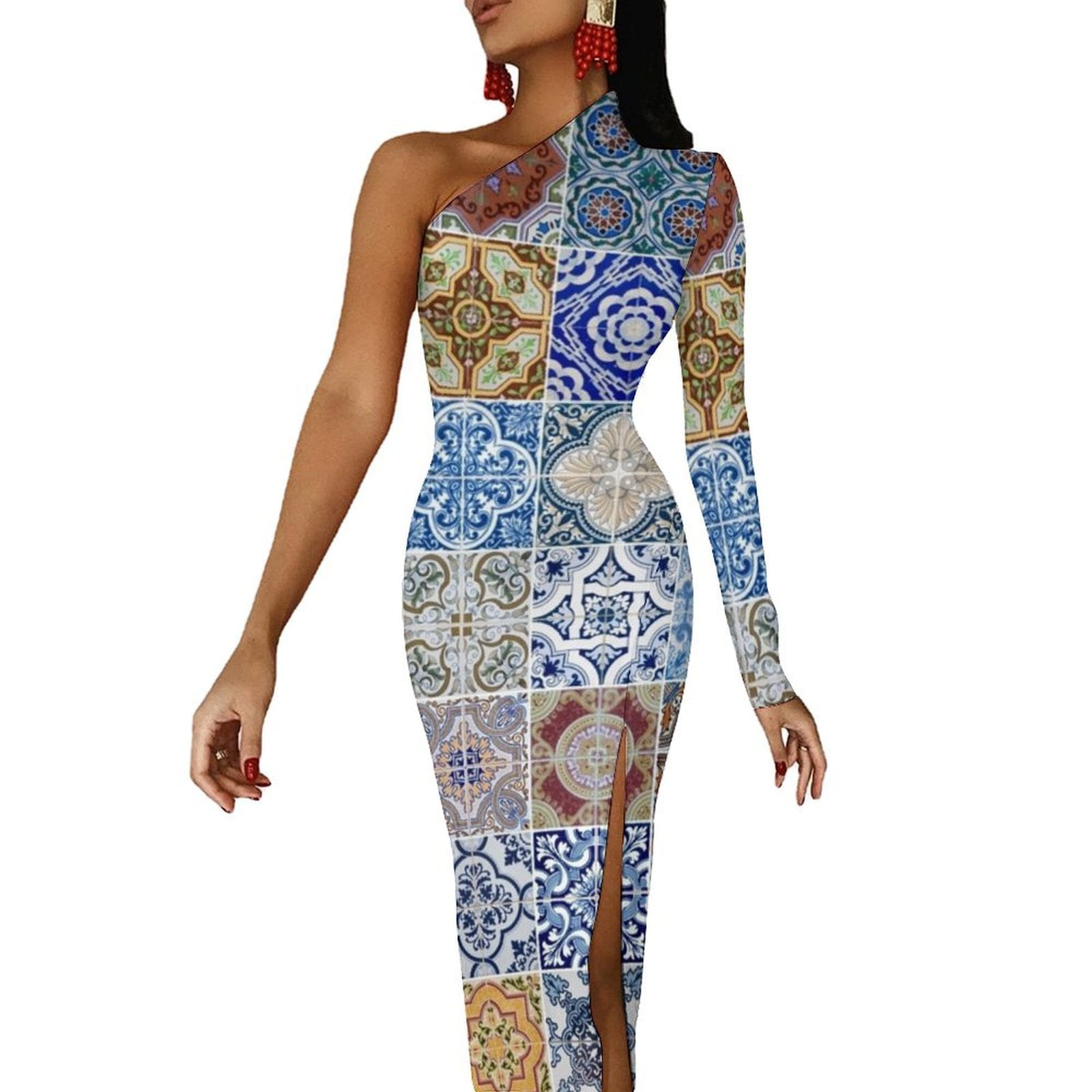 Set of 48 ceramic tiles patterns Half Dleeve Split Dress elegant women ...