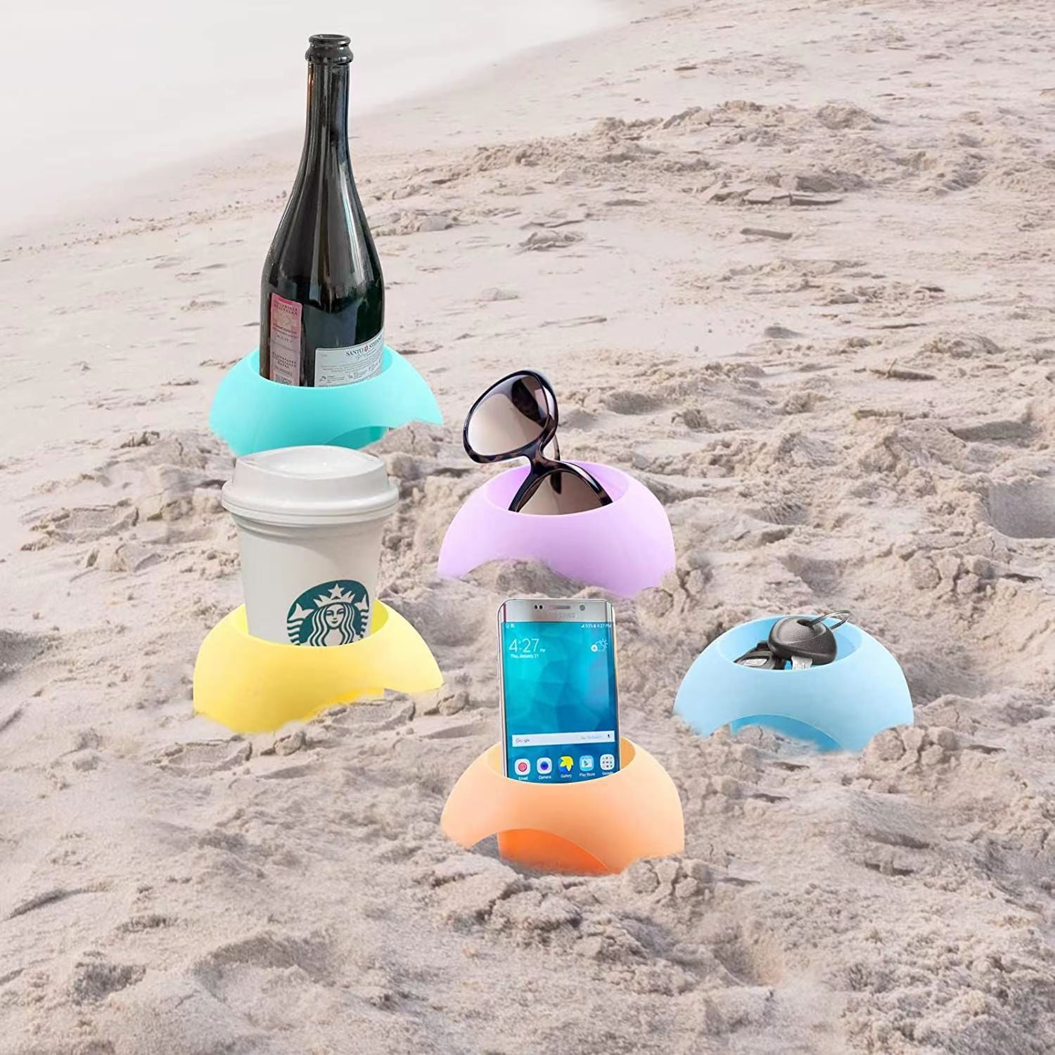 Set of 5 Beach Cup Holder with Pocket, Multifunctional Sand Cup Holder ...