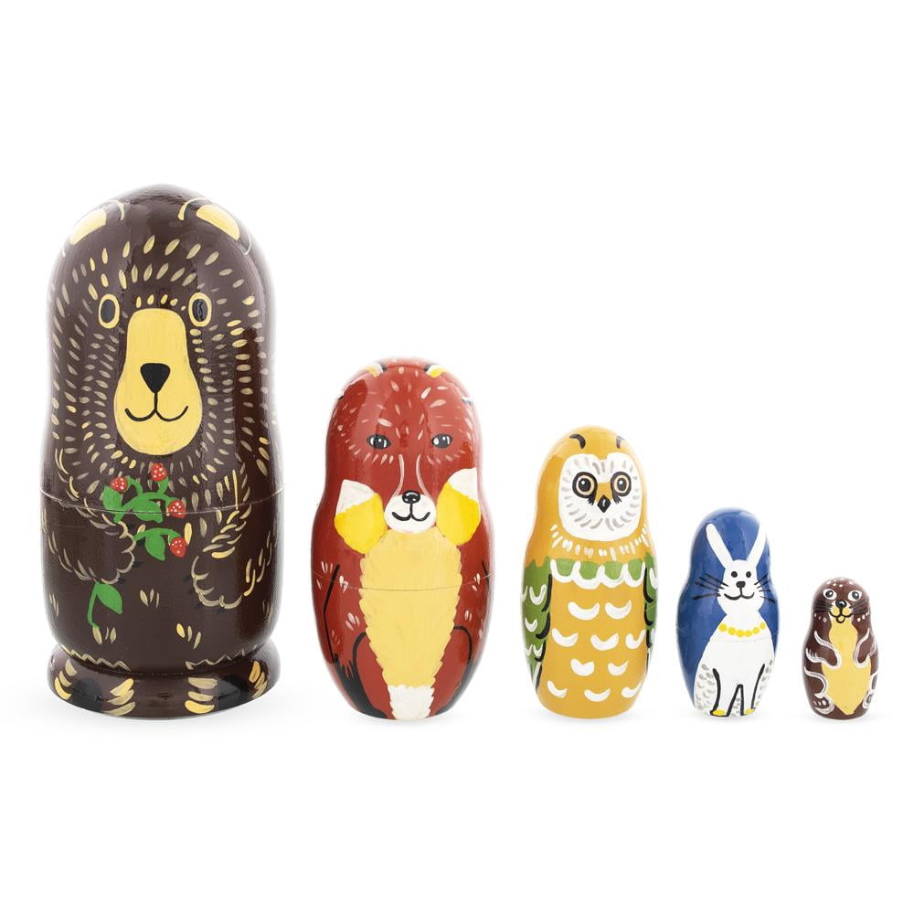 Set of 5 Bear, Fox, Owl, Bunny & Otter Wooden Nesting Dolls 6 Inches ...