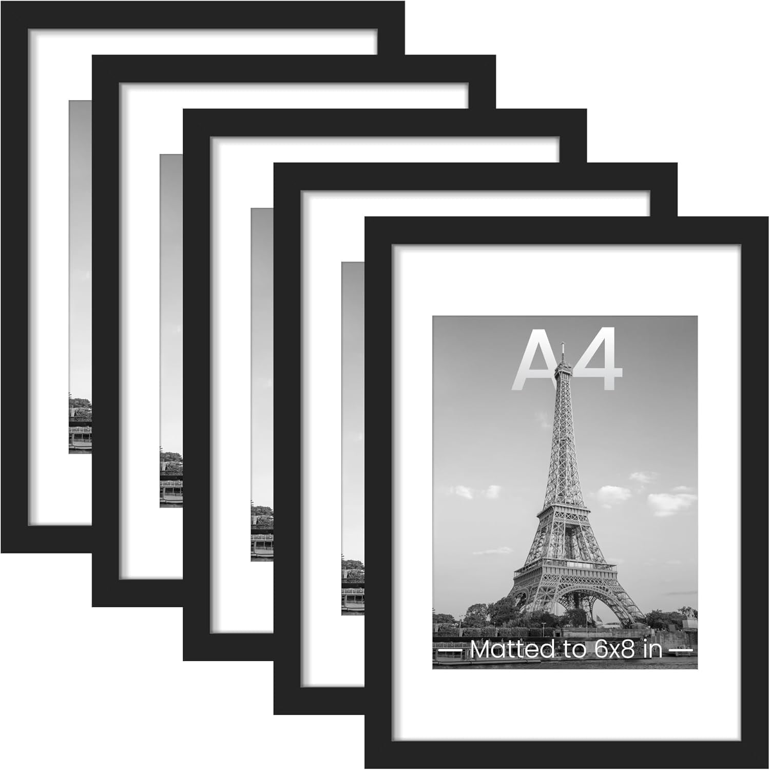 Set of 5 Black A4 Picture Frames (8.3x11.7") - Display 6x8 with Mat or ...