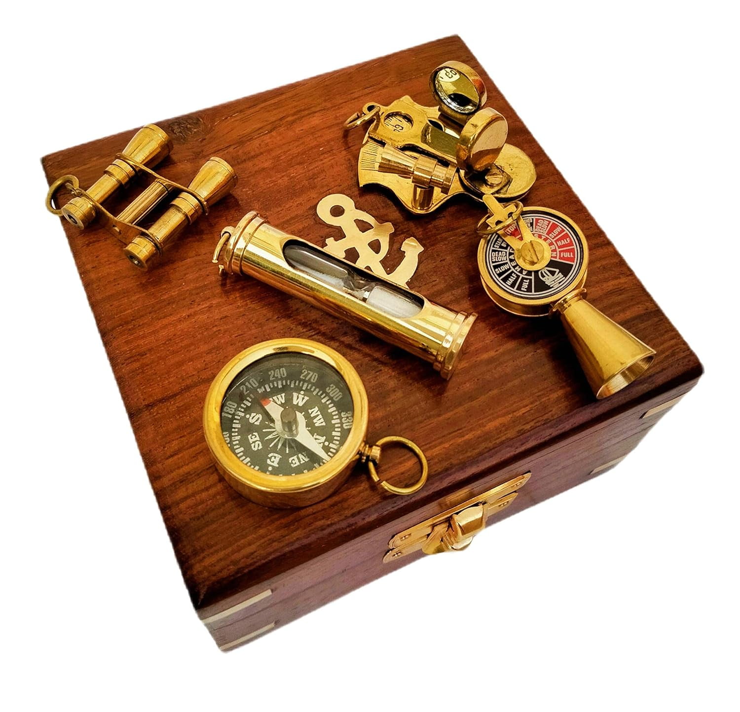 Set of 5 Brass key chains key rings Brass Compass Binocular Sand Timer ...