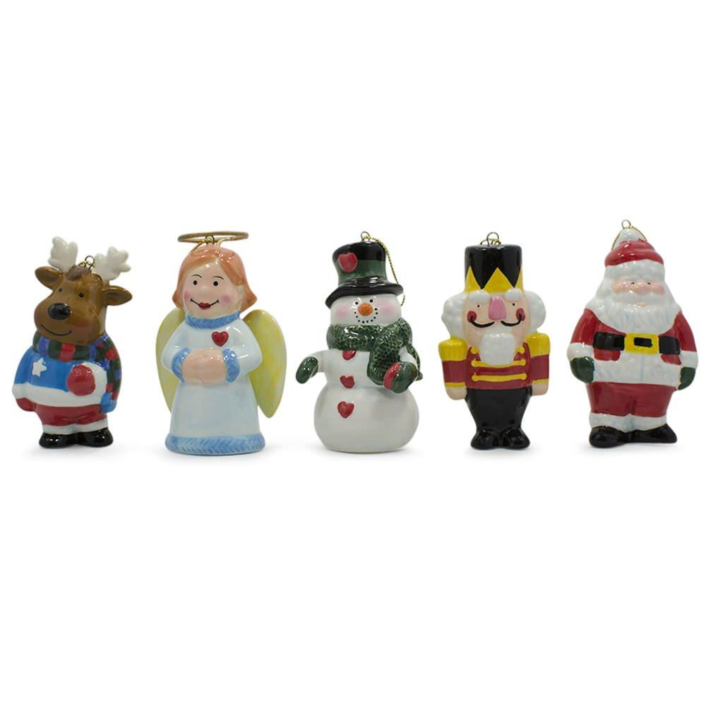Set of 5 Ceramic Santa, Angel, Snowman, Nutcracker Christmas Ornaments ...