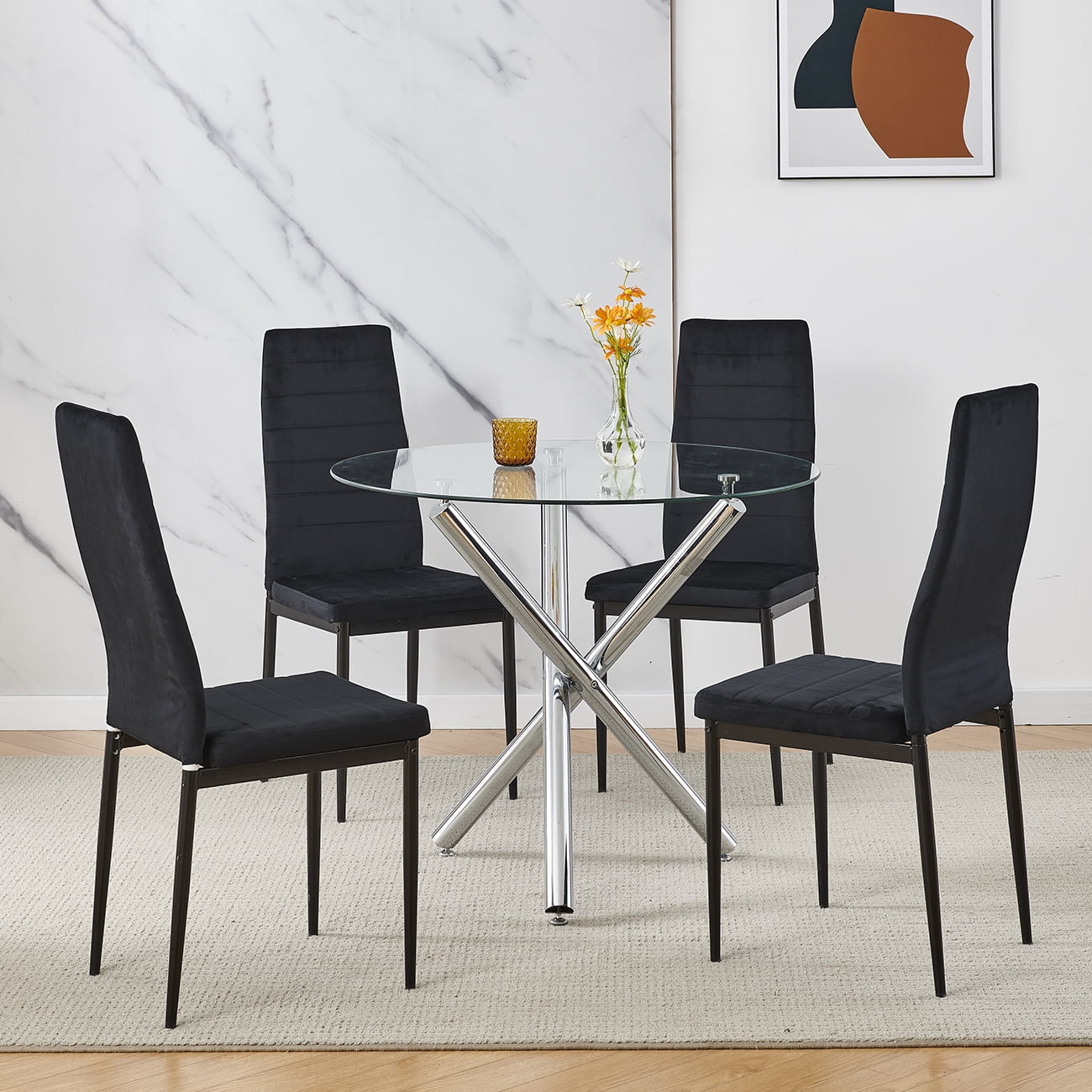 Set of 5 Dining Table Chair Set Round Glass Table Side Chairs 4 Flannel ...