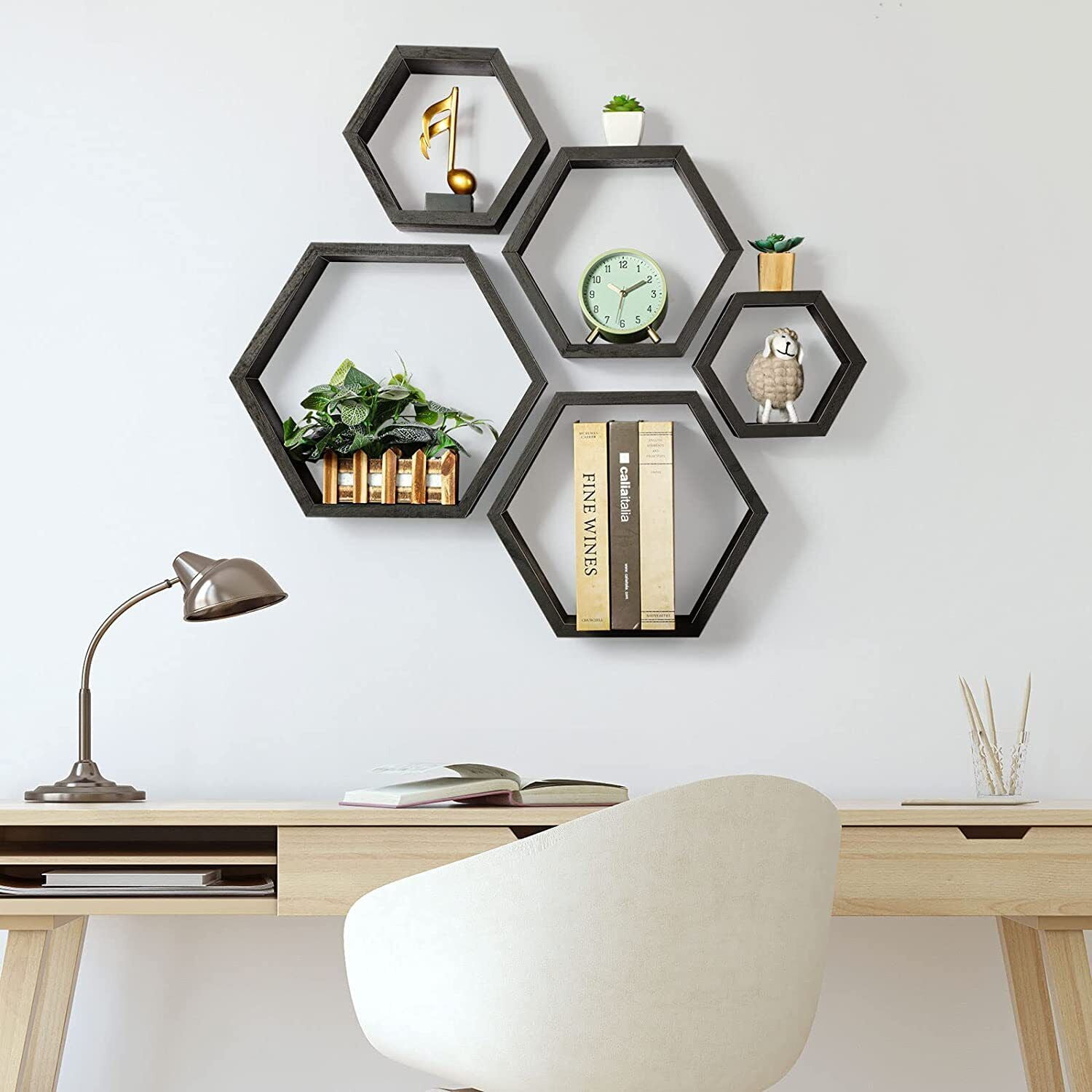 Set of 5 Wall Mounted Floating Shelves Hexagon Honeycomb Display ...