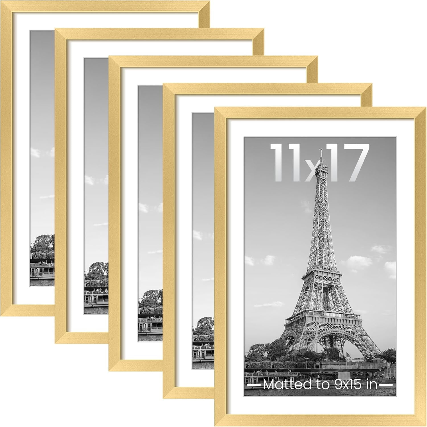 Set of 5 Gold 11x17 Picture Frames – Display 9x15 with Mat or 11x17 Without Mat – Wall Gallery ...