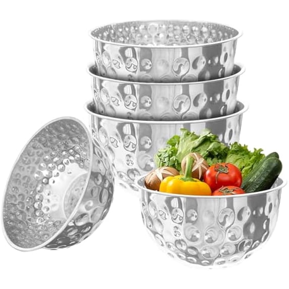 Set of 5 Hammered Stainless Steel Mixing Bowls, Nesting Salad & Prep ...