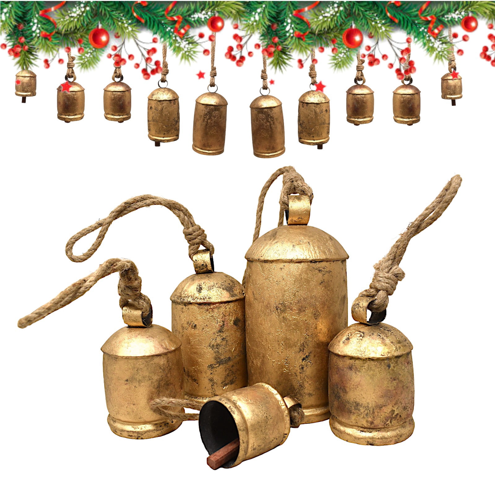 Set of 5 Hanging Metal Christmas Bells – Antique Rustic Bells in Mixed ...