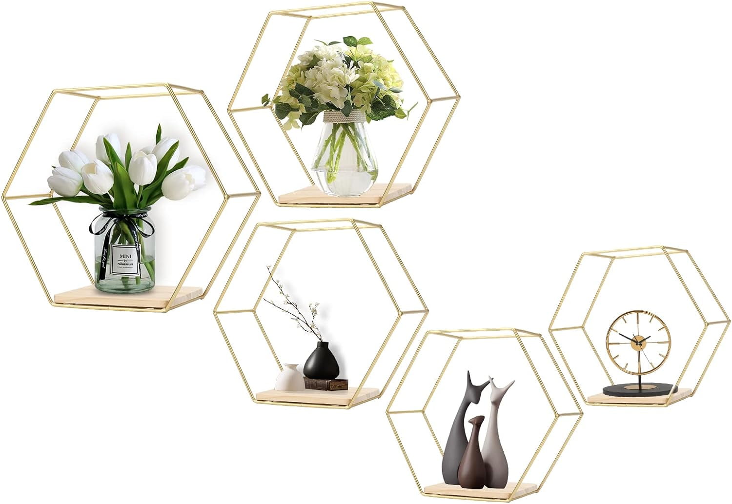 Set of 5 Hexagon Wall Shelf Hanging Shelf, Metal and Wood Floating ...