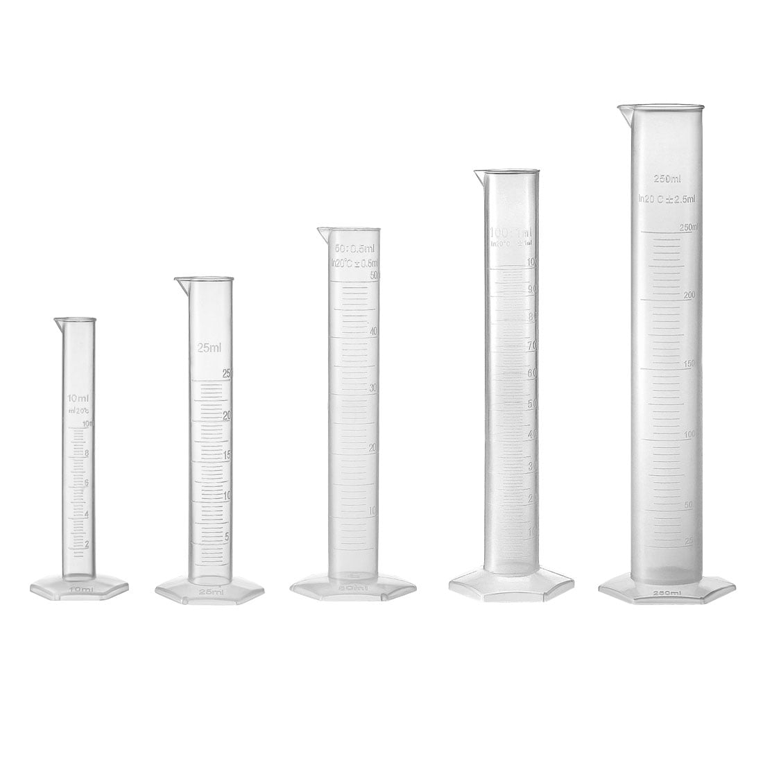 Set of 5 Laboratory Measurements Clear White Plastic Hex Base Graduated ...