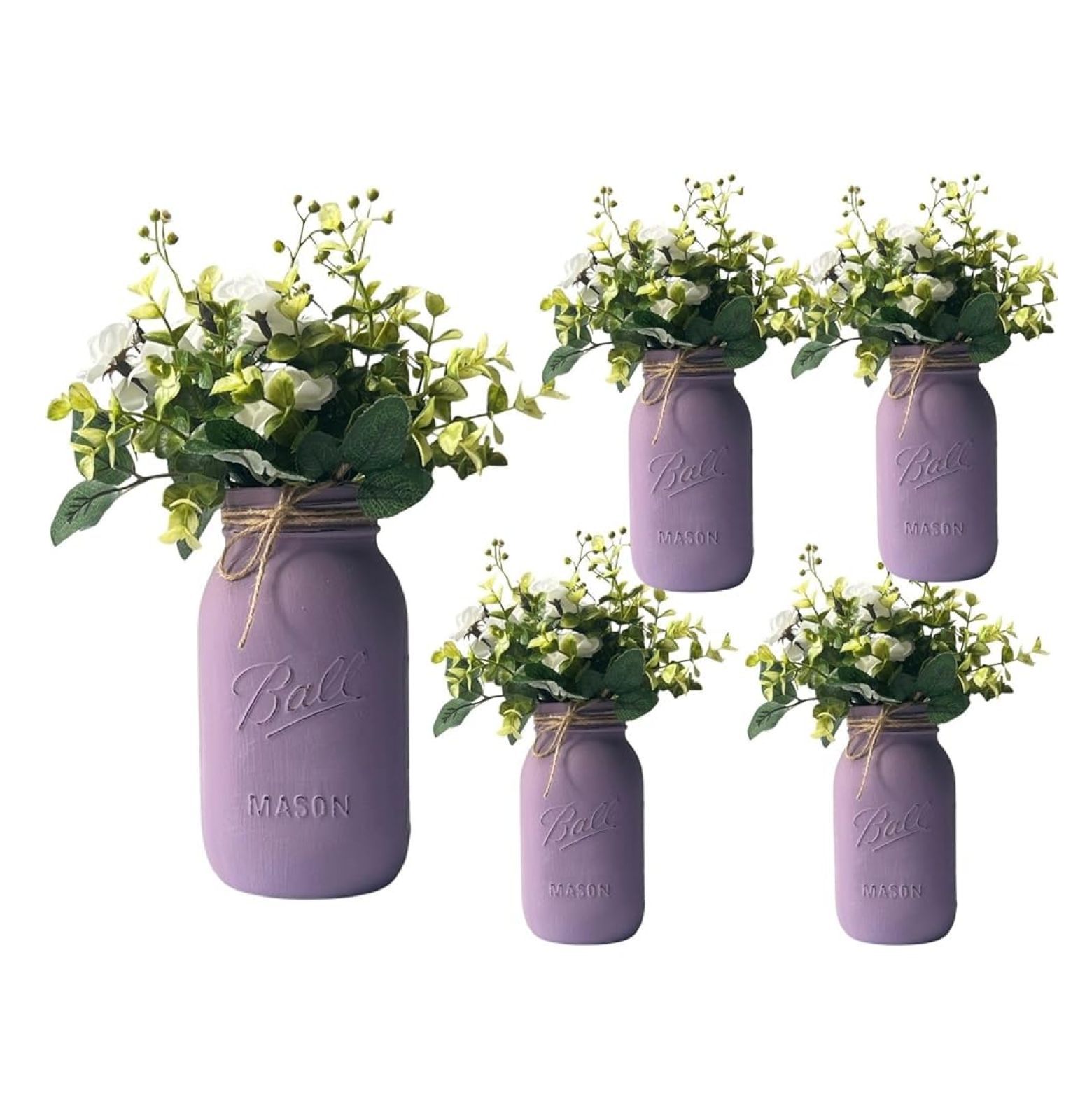 Set of 5 Painted Mason Jars – Mason Jar with Greenery & Ivory Flowers ...