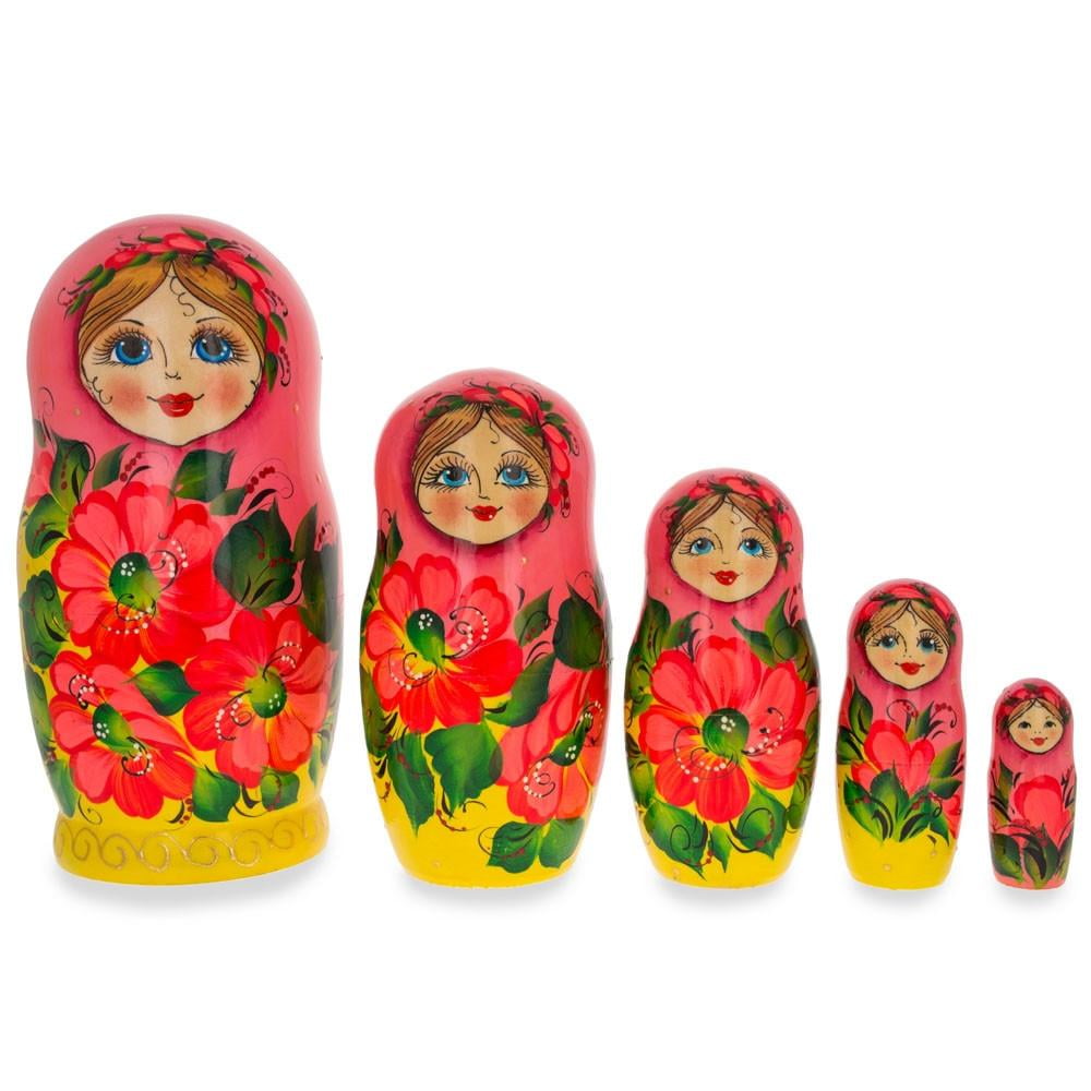 Set of 5 Pink Scarf and Yellow Dress Wooden Nesting Dolls 7 Inches ...