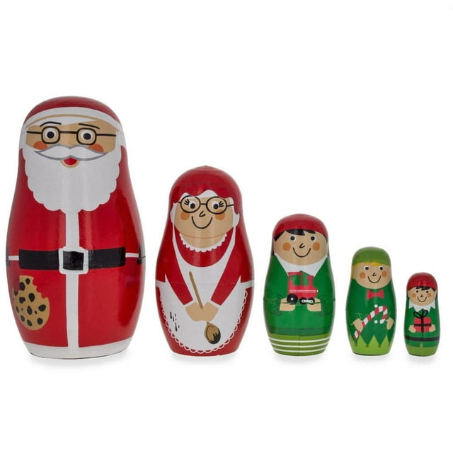 Set of 5 Santa, Mrs. Claus, Elf & Snowman Wooden Nesting Dolls 4.75 ...