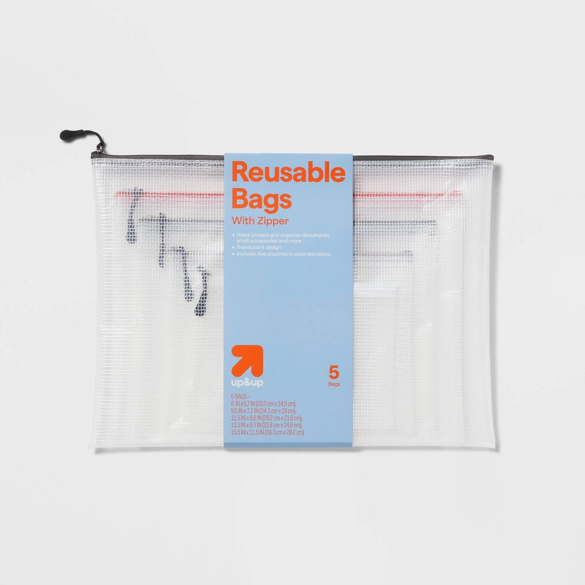 Set of 5 Zippered Pouch Organizers Clear Multicolored Storage Bags ...