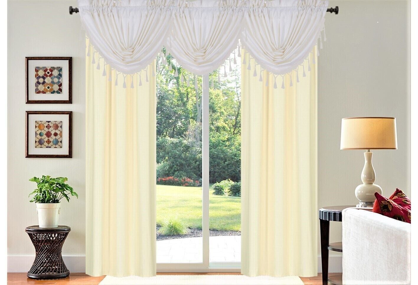 Set of 5 piece 2 panels R64 and 3 matching waterfall valances IVORY ...