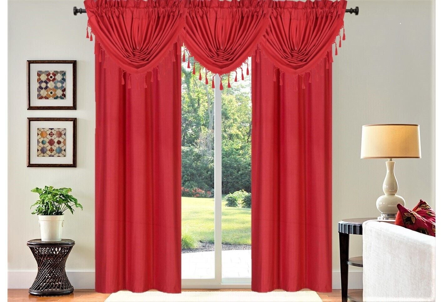 R64 Set of 2 Panels & 3 Matching Waterfall Valances Red color 100% ...