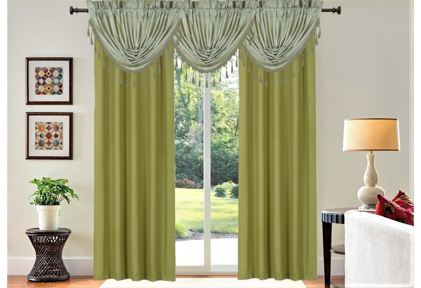 Set of 5 piece 2 panels R64 and 3 matching waterfall valances SAGE ...