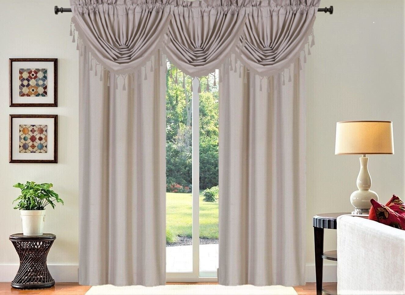 Set of 5 piece 2 panels R64 and 3 matching waterfall valances TAUPE ...