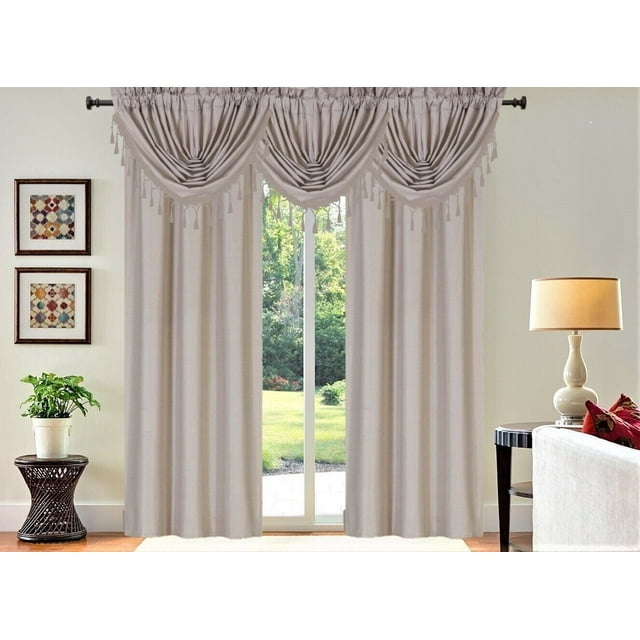 Set of 5 piece 2 panels R64 and 3 matching waterfall valances TAUPE ...