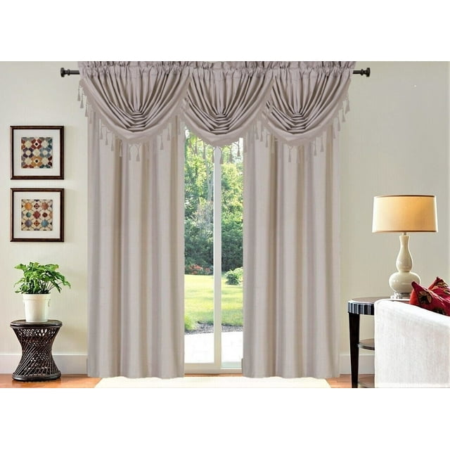 R64 Set of 2 Panels & 3 Matching Waterfall Valances Taupe Color 100% ...
