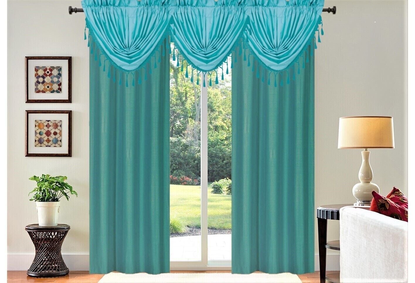 Set of 5 piece 2 panels R64 and 3 matching waterfall valances TEAL ...
