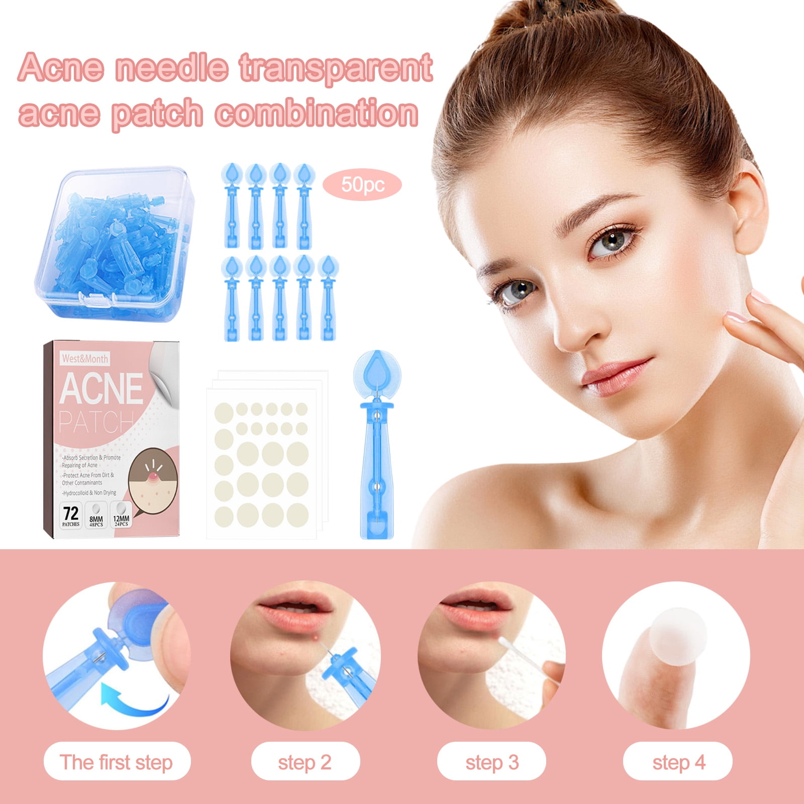 Set of 50 Count Disposable Acne Needles and Transparent Pimple Patches ...