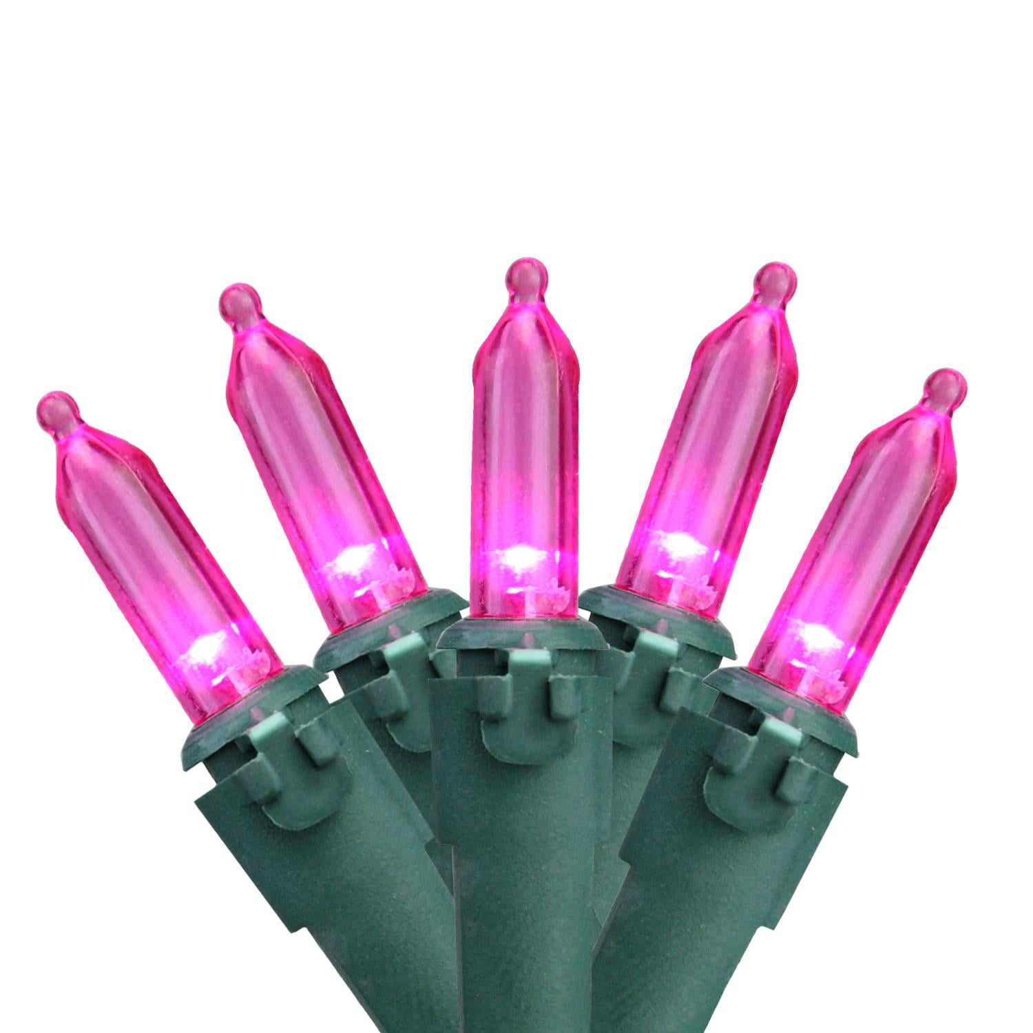 Set of 50 Pink LED Mini Christmas Lights 4" Spacing - Green Wire ...