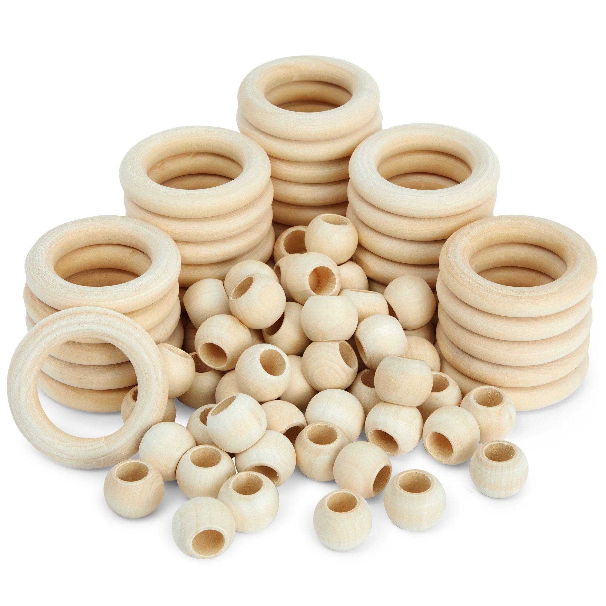 Set of 50 Wooden Beads and 30 Wood Rings for Macrame, DIY Pendant ...