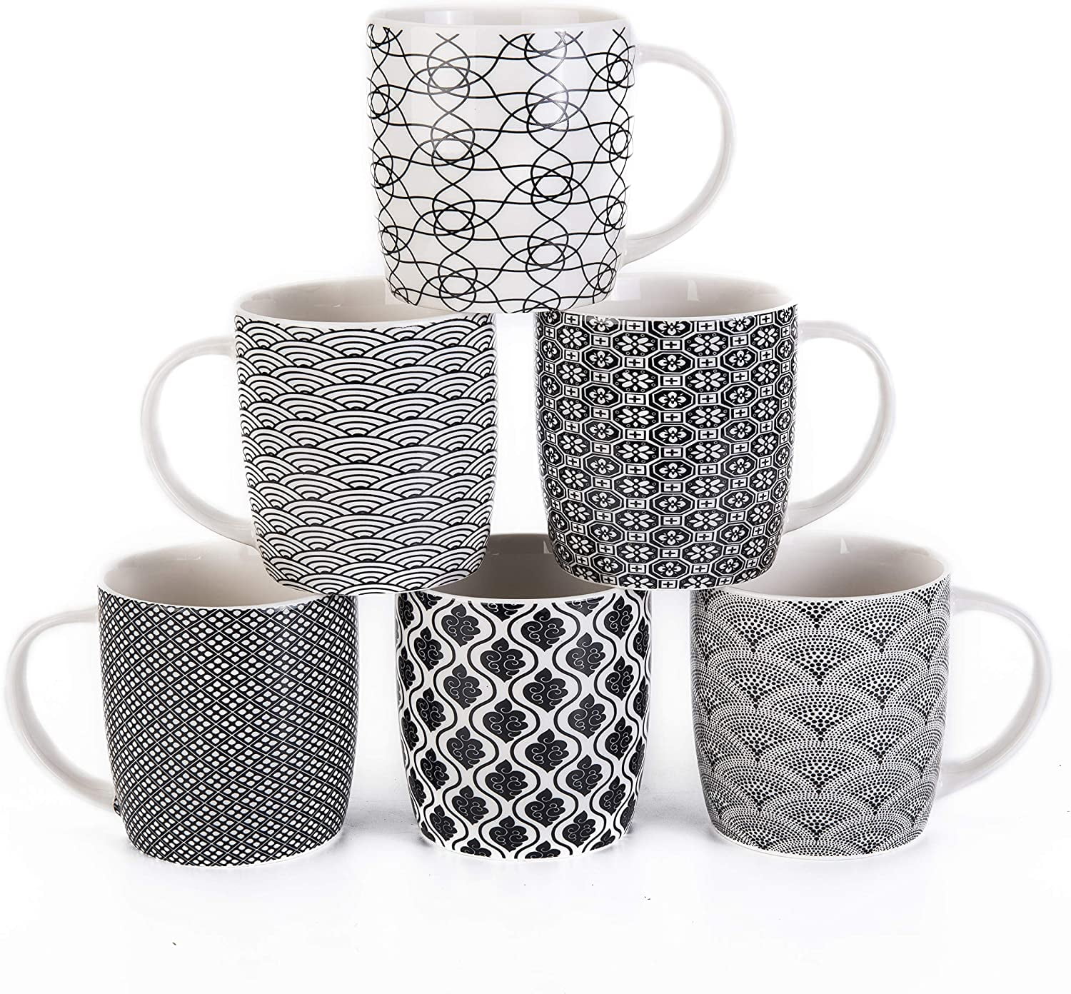 Set of 6 11.5 oz Coffee Mugs with Black and White Geometric Patterns ...
