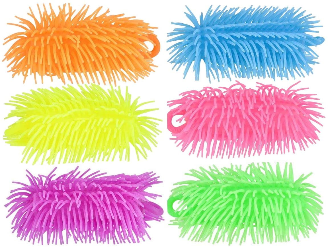 Set of 6 - 6" Puffer Worms - Sensory Fidget and Soft Hairy Air-Filled ...